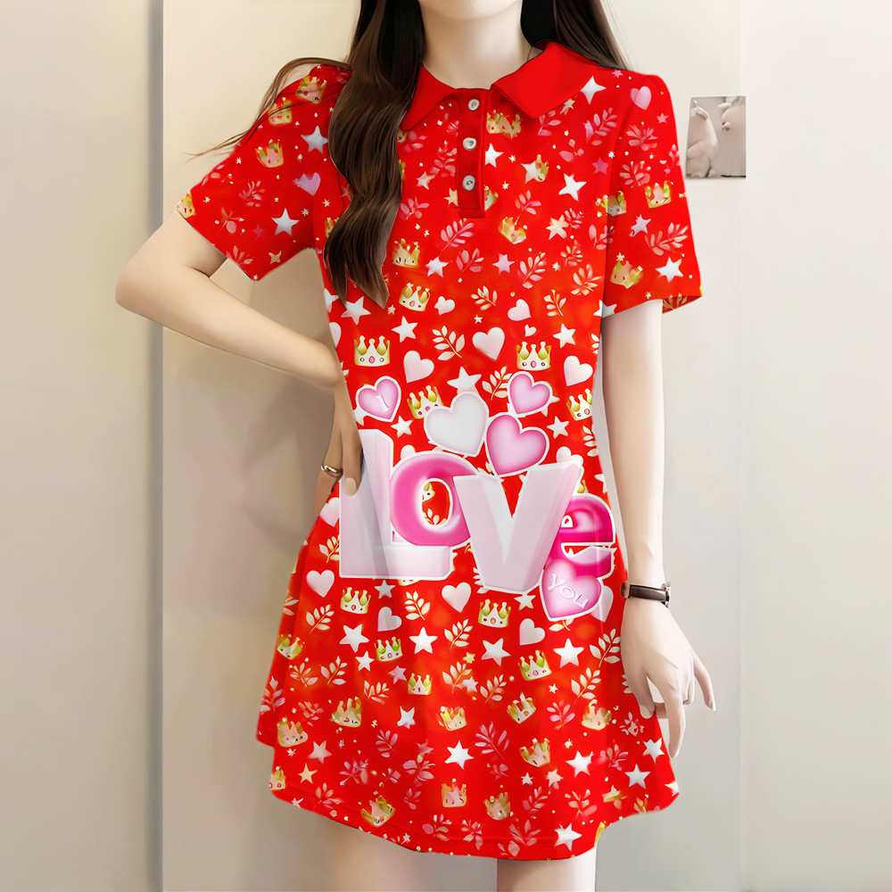 2025 Valentine's Day Women's Dress Lapel Button Polo Dress Women's Pink ...