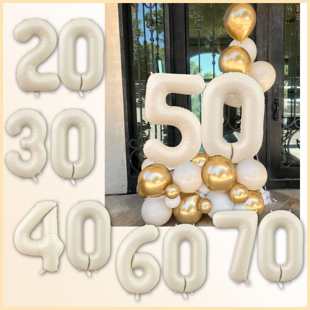 Cream Color Balloon Number Standee Balloons Set Adults 30 40 50 60th ...