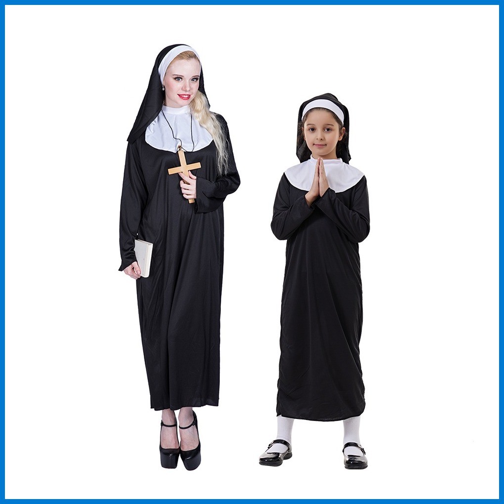 Reneecho Women Classic Nun Costume Medieval Girls Maria Black Nun ...