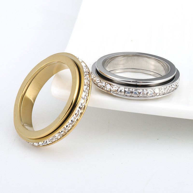 Simple Single Row Diamond Rotatable Ring Inlaid Zircon Titanium Steel ...