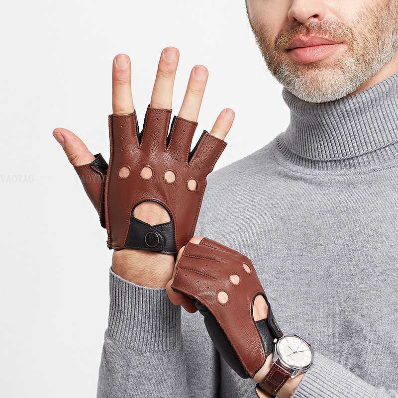 S Spring Male100% Pure Real Leather Half Finger Thin Gloves Man Genuine ...