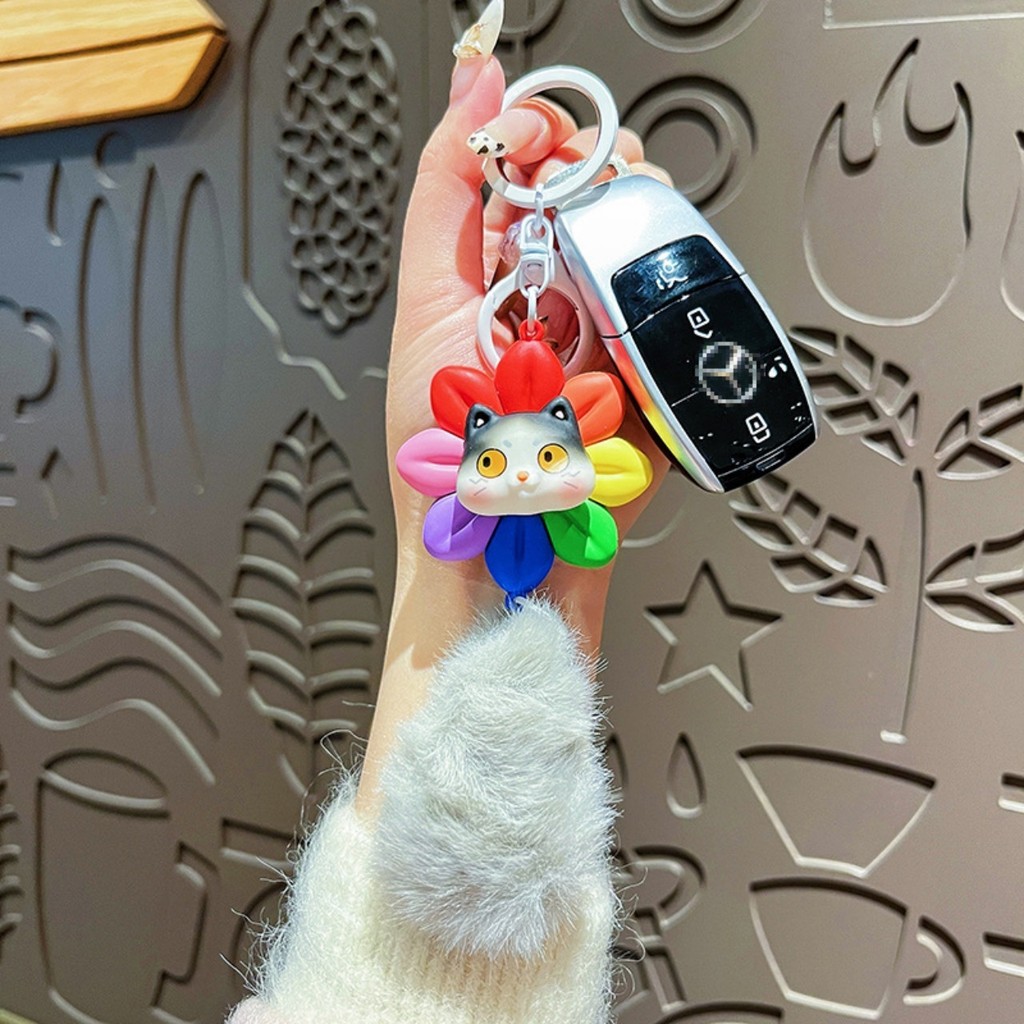 Cartoon Kitten PVC Keychain Cute Little Flower Plush Tail Keychain Bag ...