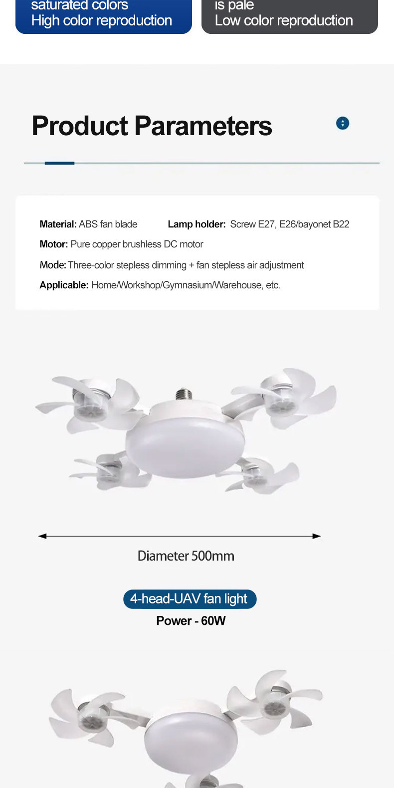 KScocina 2-in-1 Drone Foldable Ceiling Fan Light E27 50W/60W with ...