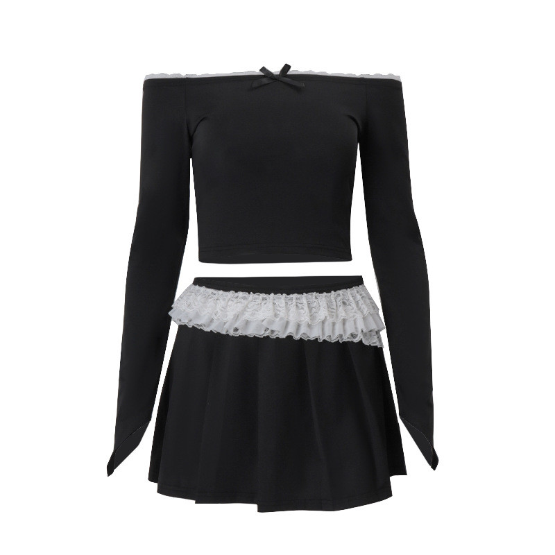 Ins2025 Sexy off-the-Shoulder Bow Long-Sleeved Top Contrast Skirt Suit ...