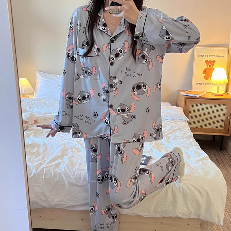 Cartoon Stitch Long Sleeve Milk Silk Female Homewear Pajamas Suit ...