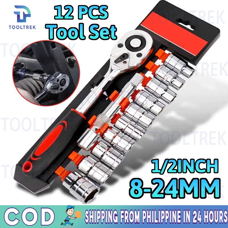 12PCS 1/2 Inch Drive Ratchet Wrench CR-V Socket Kits Mechanic Spanner ...