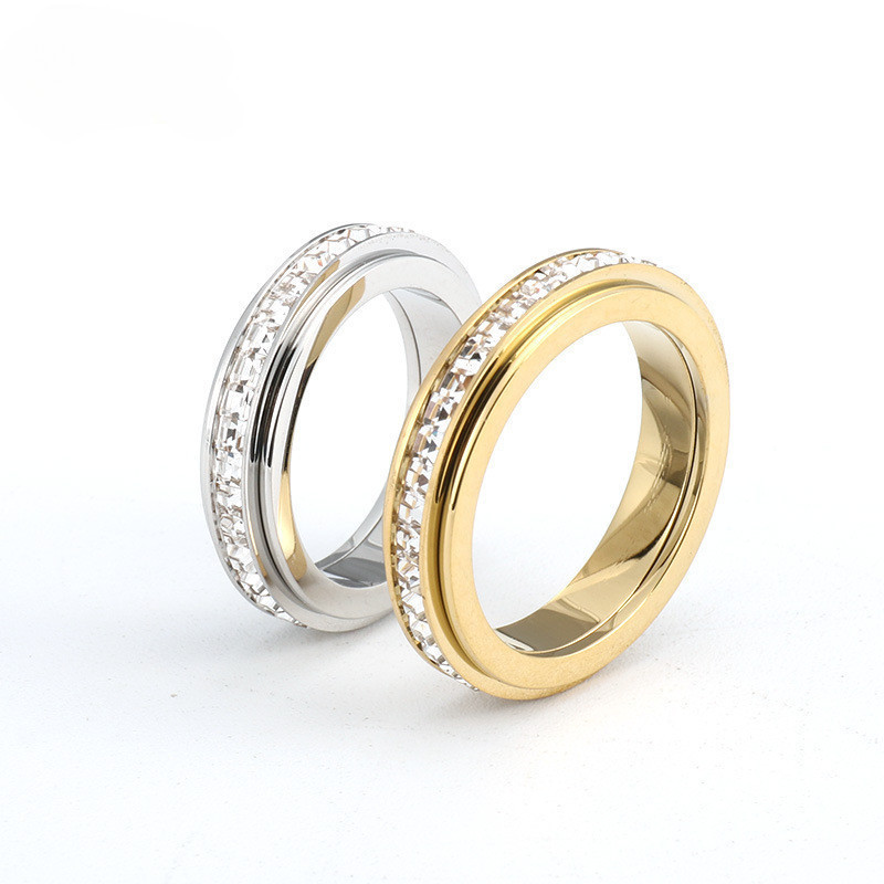 Simple Single Row Diamond Rotatable Ring Inlaid Zircon Titanium Steel ...