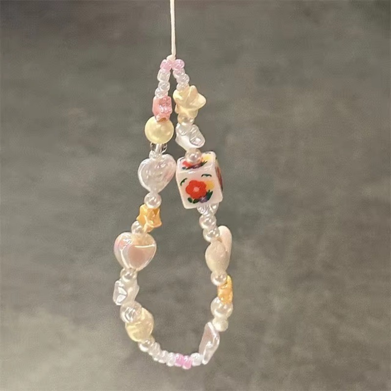 Korean Cute Yellow Heart Flower Beaded Phone Chain Charm Lanyard For ...