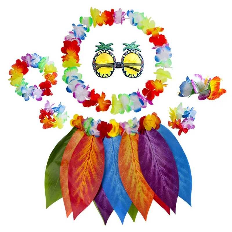 Grass Leaf Skirt Hawaiian Leis Set Artificial wers Hula Dance Costume ...