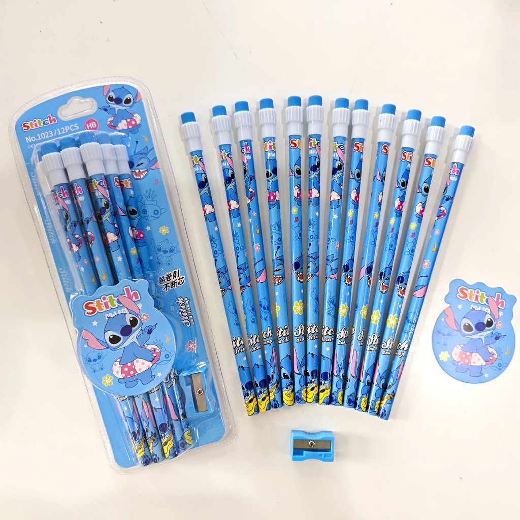 12pcs Stitch HB Pnecil with Sharpener Students Cartoon Cute Pencil ...