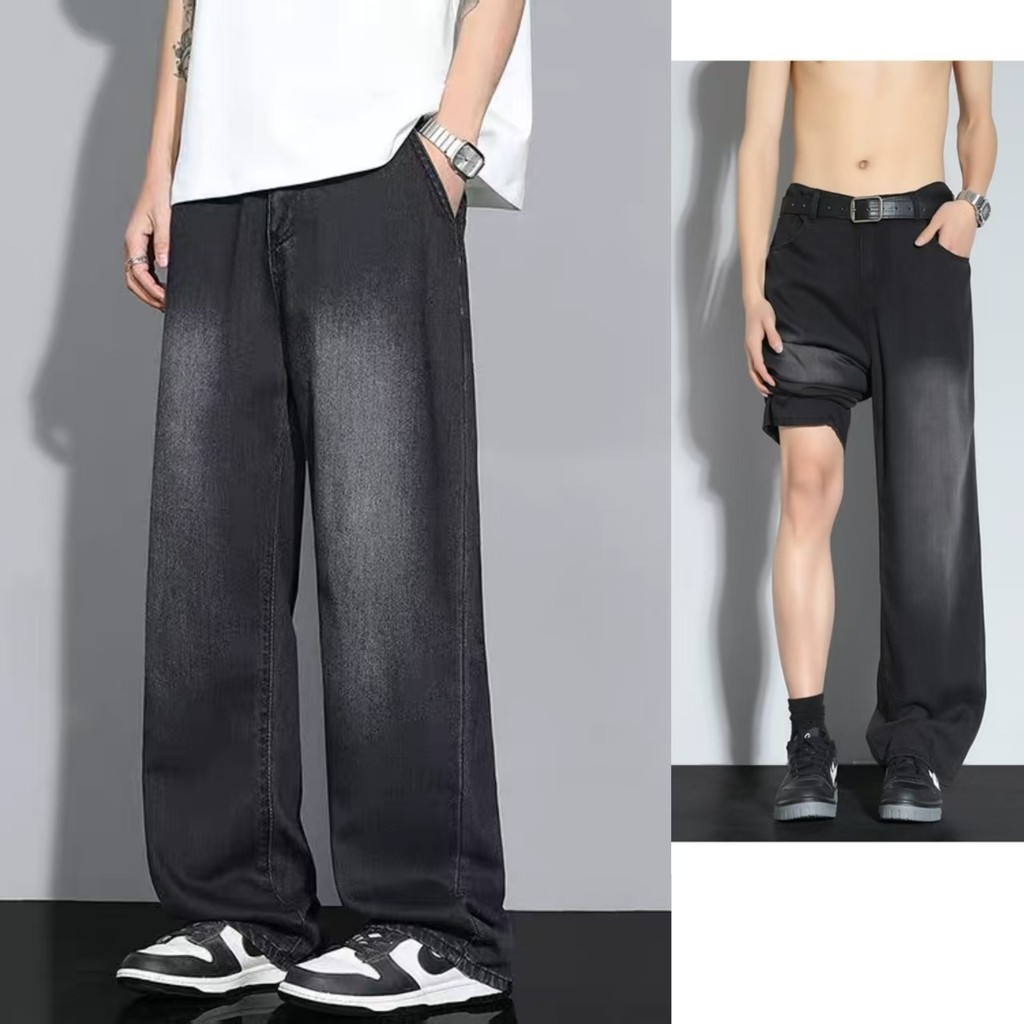 Korean Baggy Jeans for Men Loose Fit Straight Wide Leg Maong Pants ...