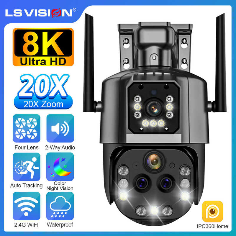 8K LS VISION Wifi Security Camera 20X Zoom Outdoor 4K Four Lens Dual ...