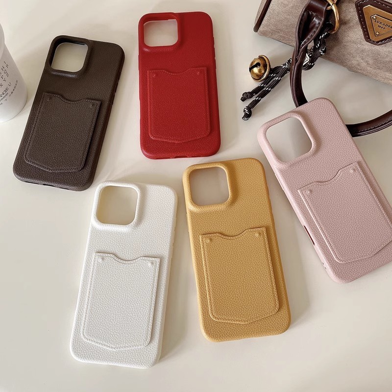 Fashion Card Bag Lychee Pattern Leather Wallet Phone Case For iPhone 16 15 14 13 Pro Max Solid ...