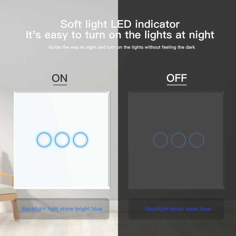 BSEED 1/2/3Gang Touch Light Switches Glass Panel 2Way Wall Switches Led ...