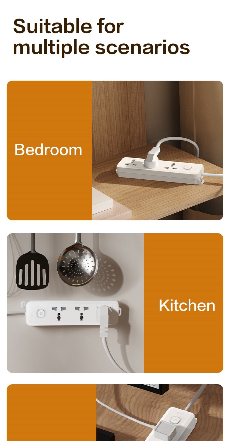 Deli Tools 3/5M Power Socket Extension Outlets Charger Universal Hole ...