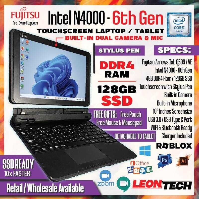 Fujitsu 2-In-1 Laptop Tablet, Intel N4000, 6Th Gen, Ddr4 Ram, 128Gb Ssd ...