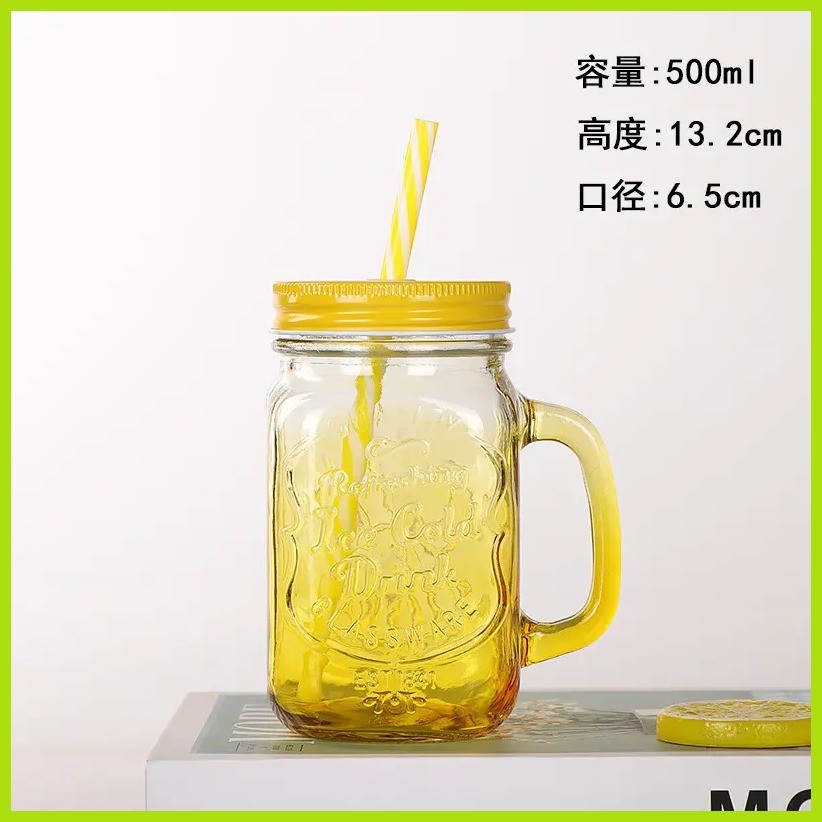 ⚽︎ 16Oz Mason Jar Drinking Glass with Handle Colored Metal Lids cup ...