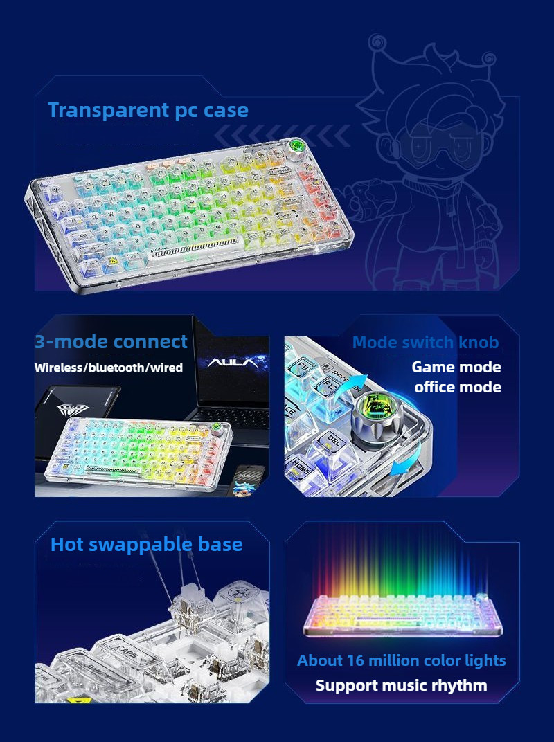 AULA F81 3mode Wireless Mechanical Keyboard Gasket Hot Swappable Shine ...