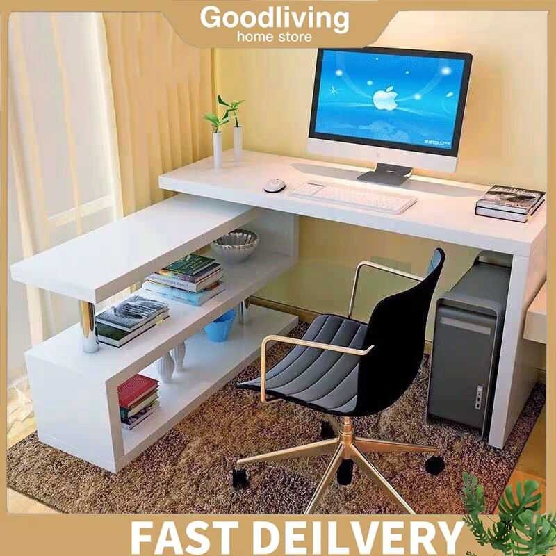 Computer Table Working Study Desk 3-Layer Bookshelf 360°Rotating Office ...