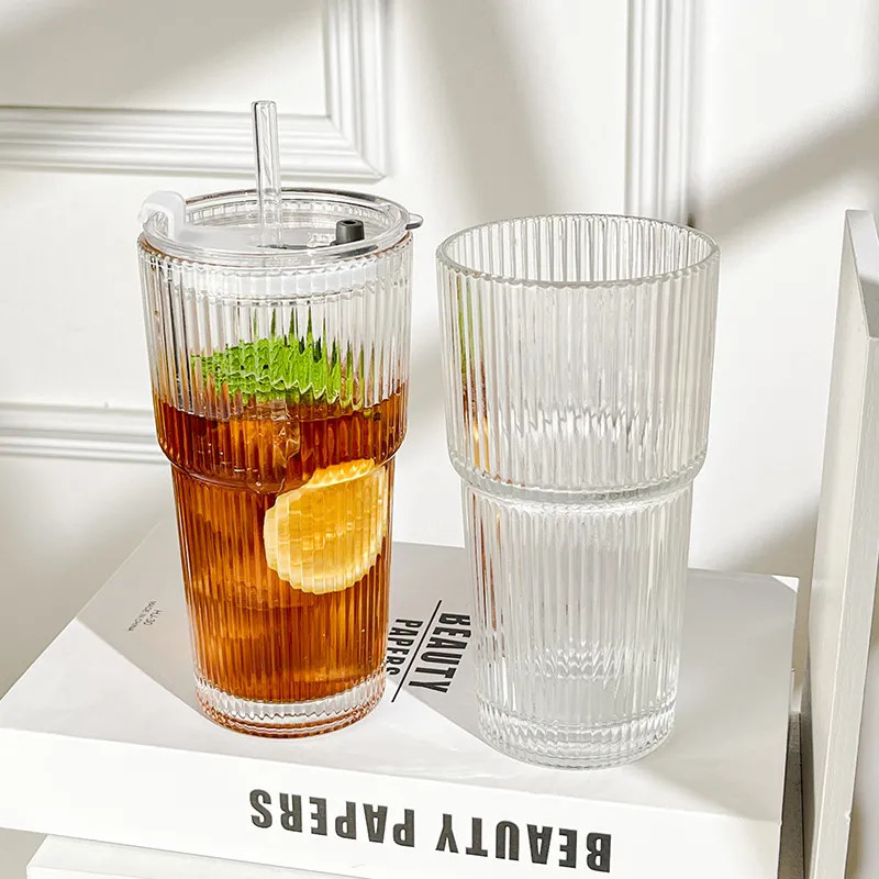 TOP.1 Stripe Glass Coffee Cup With Lid and Straw Transparent Drinking ...
