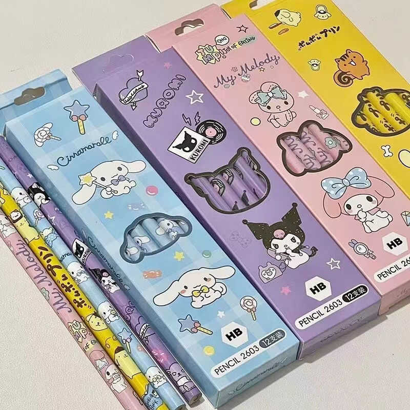 12Pcs/Box Sanrio Pencil Melody Kuromi Cinnamoroll HB Black Write Draw ...