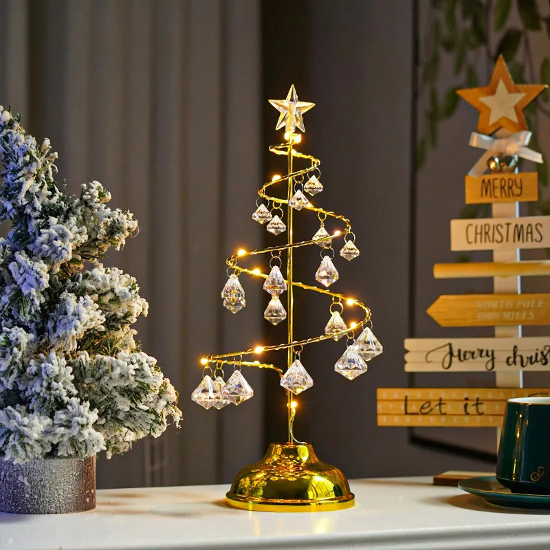 Led Desk Table Lamp Christmas Tree Spiral Crystal Light Xmas Glass Ball ...