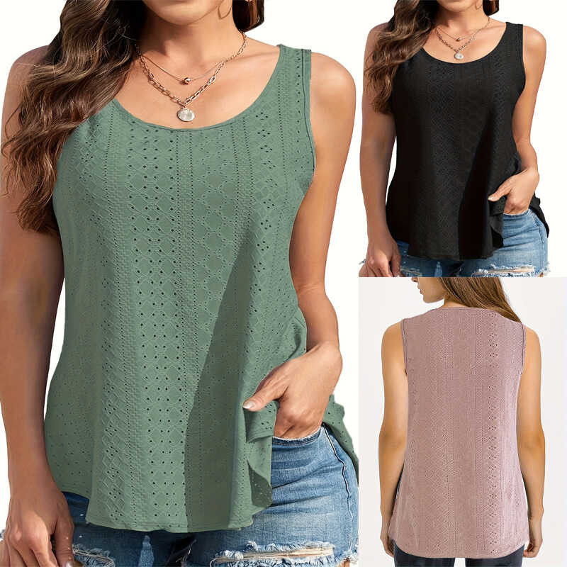 mer TEMU New Round Neck Sleeveless Solid Color Fashion Casual Hollow ...