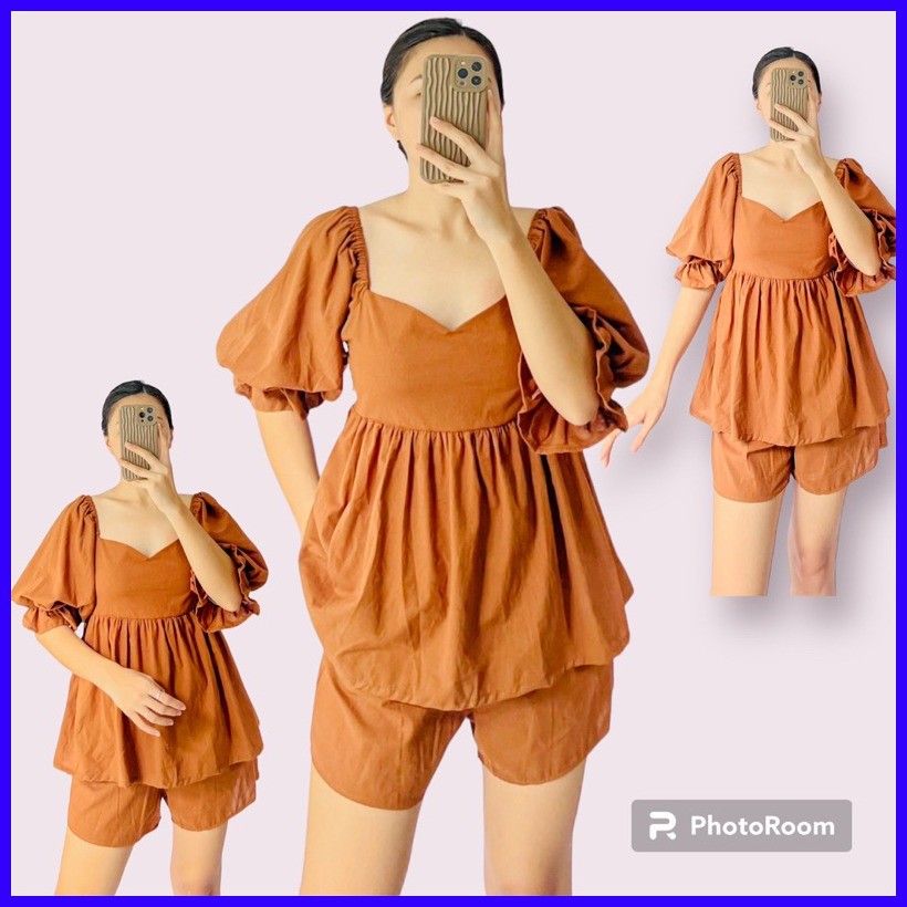 MADEL PUFF SLEEVE TOP TERNO SHORT WITH 2 POCKET ( COTTON LINEN ...