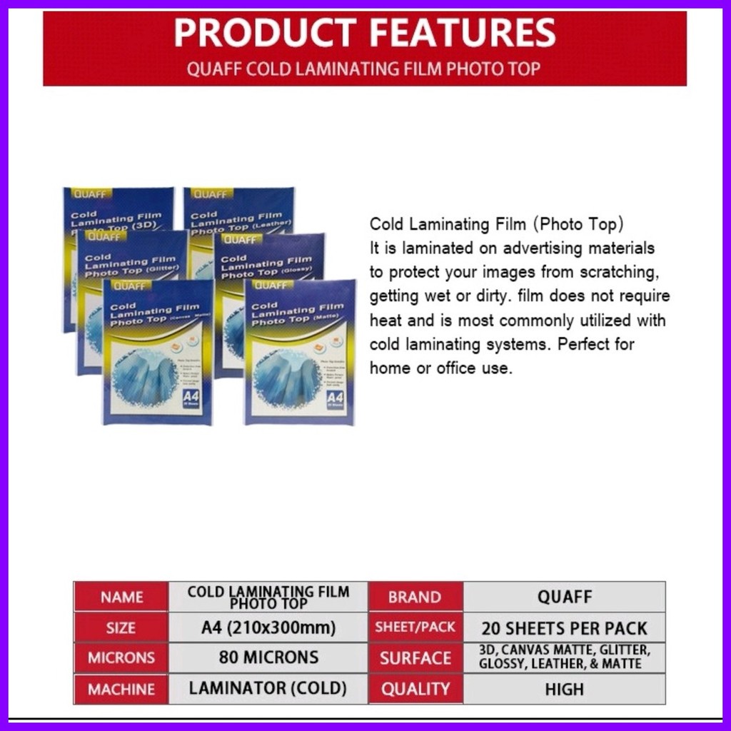 QUAFF Photo Top Cold Laminating Film A4 Size (20 pcs per pack) | Shopee Philippines