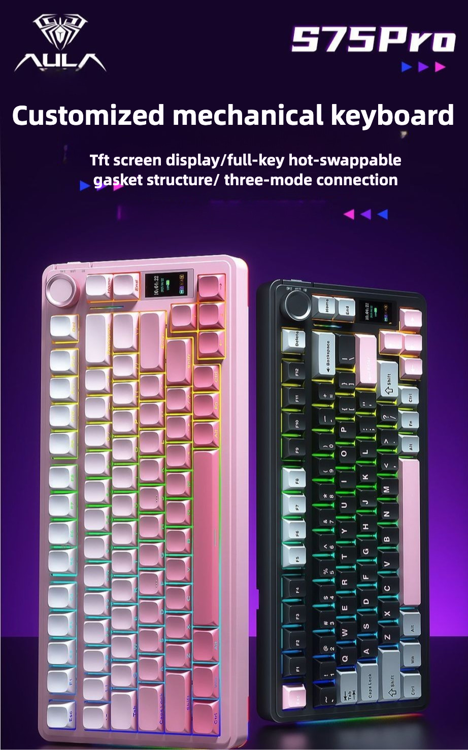 AULA S75Pro Bluetooth Wired Wireless Three-mode Digital Display Keyboard RGB Hot-swap Office E ...