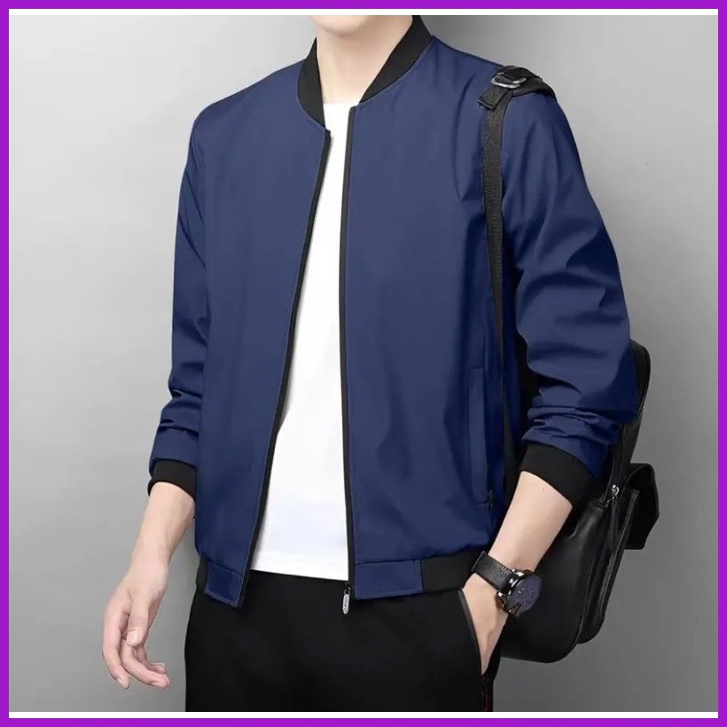 Bomber Jacket for Men with Zipper Plain Trendy Tops Casual Korean Top ...