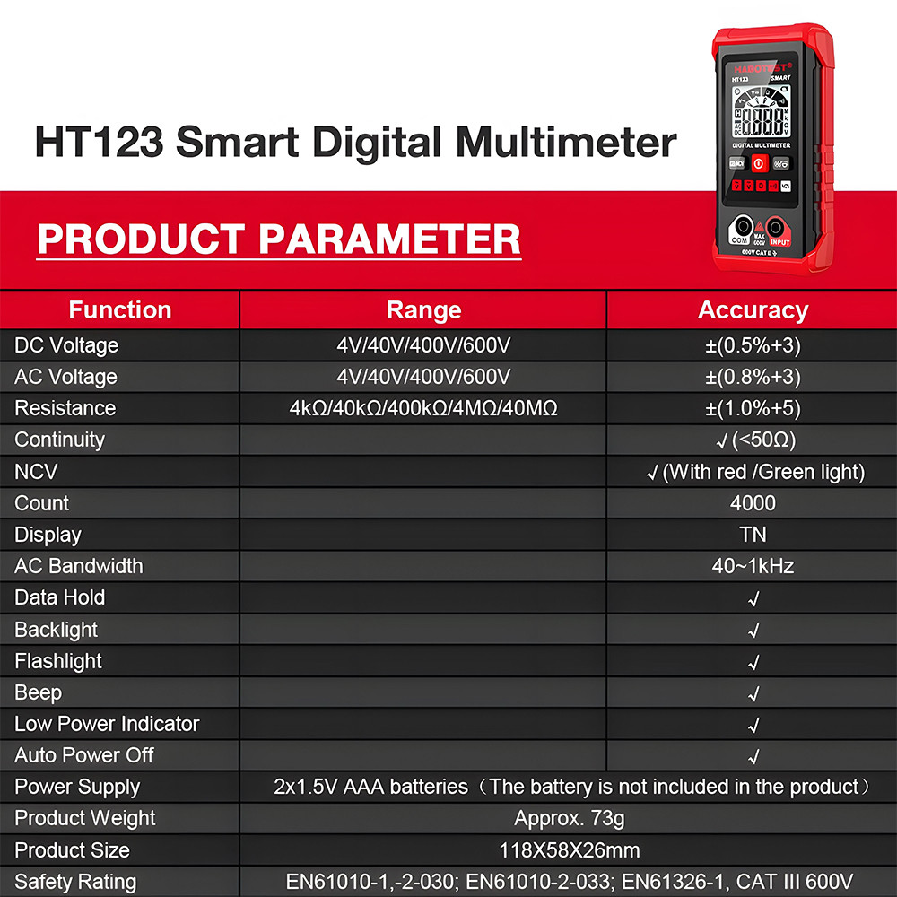 【Tester Multimeter】Ht123 Digital Multimeter 600V AC/DC 4000 Counts High ...