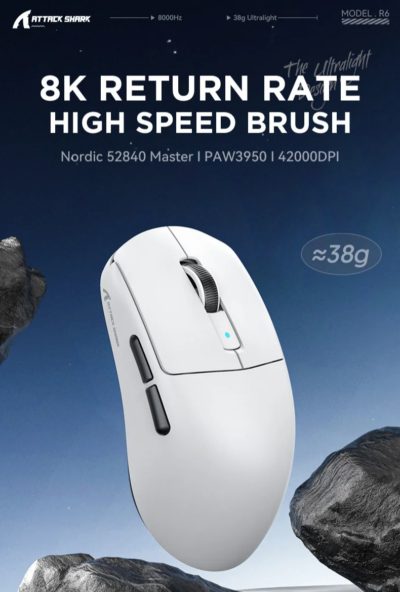 Attack Shark R6 Wireless Gaming Mouse 42000DPI 8K Polling Rate 3-mode ...