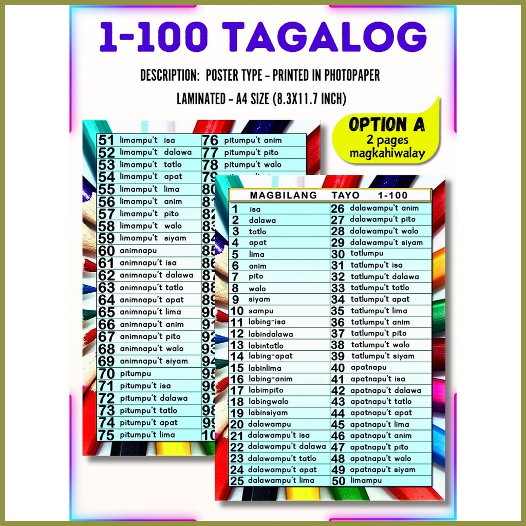 Number 1-100 Tagalog laminated educational wall chart back to back ...