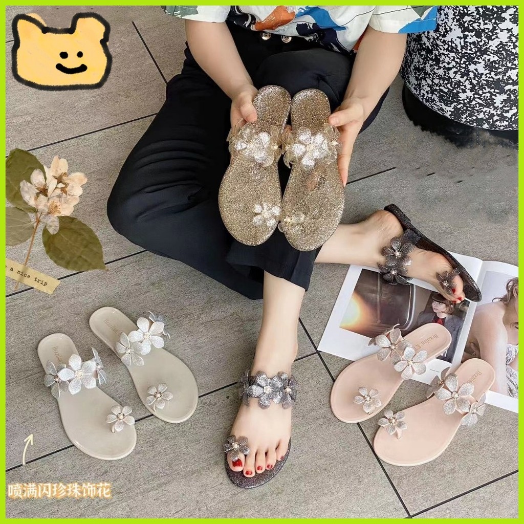 ⚡ ♡ （36~40）Flower style finger toe straps design glittering rubber flat sandals fashionable for ...