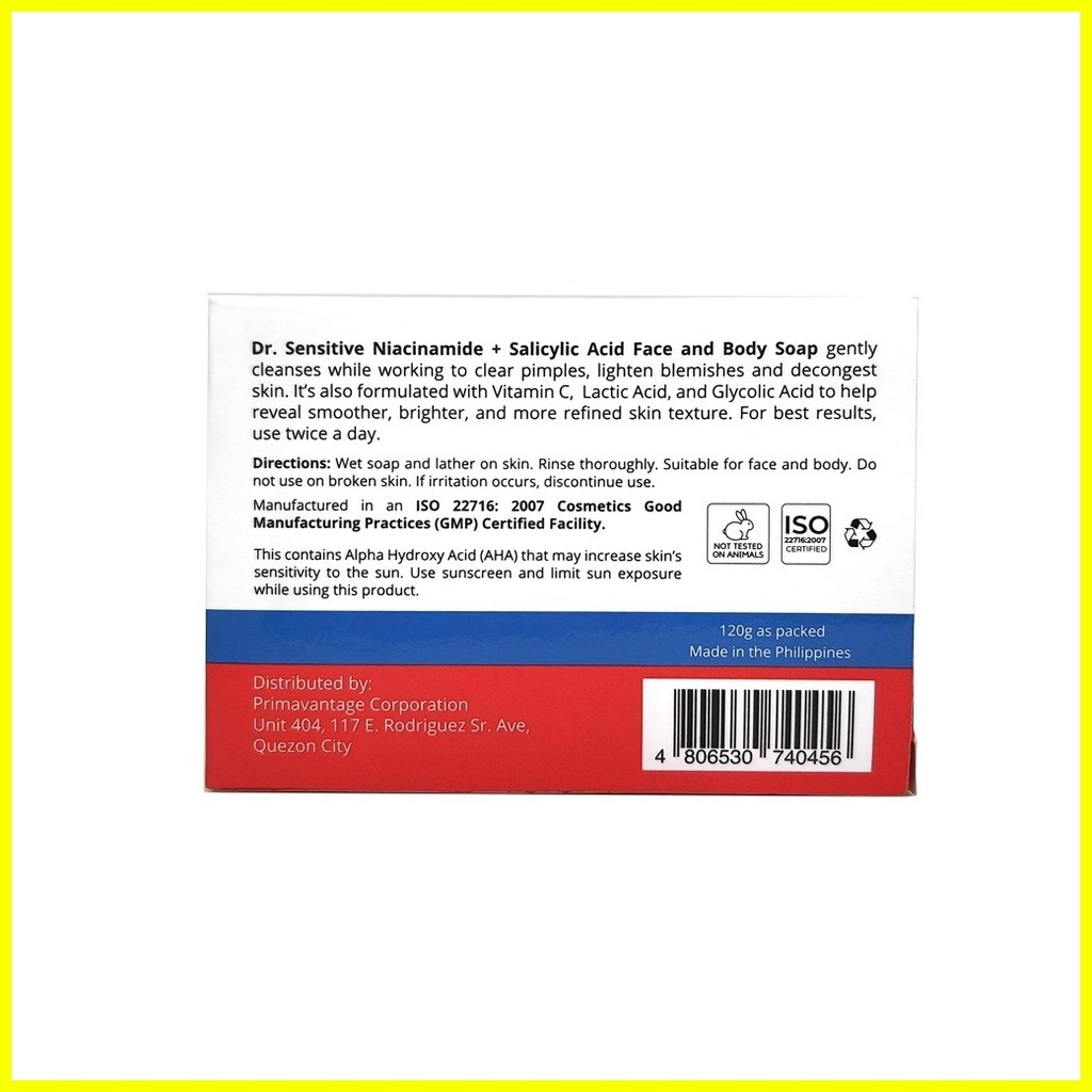 Dr. Sensitive Niacinamide + Salicylic Acid Face and Body Bar Soap 120g ...