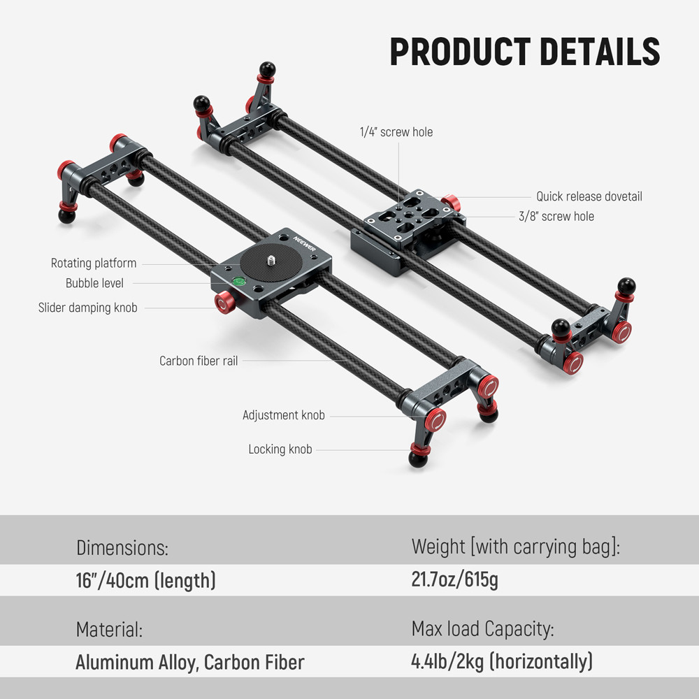 NEEWER 16"/40cm Carbon Fiber Camera Slider, Action Camera Mount with ...