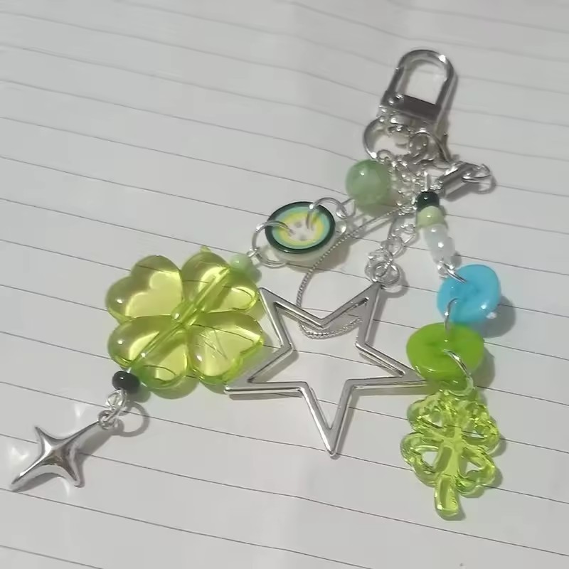 Green Lucky Four-leaf Clover Keychain Pendant Beaded Phone Chain Bag ...