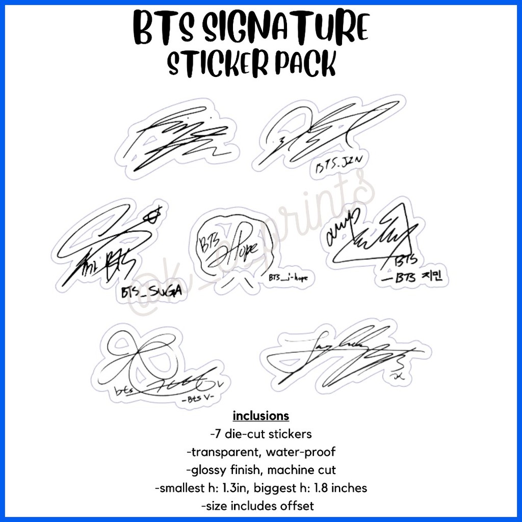 ∆ BTS Signature Sticker Pack 7 pcs. Waterproof Transparent White RM Jin ...