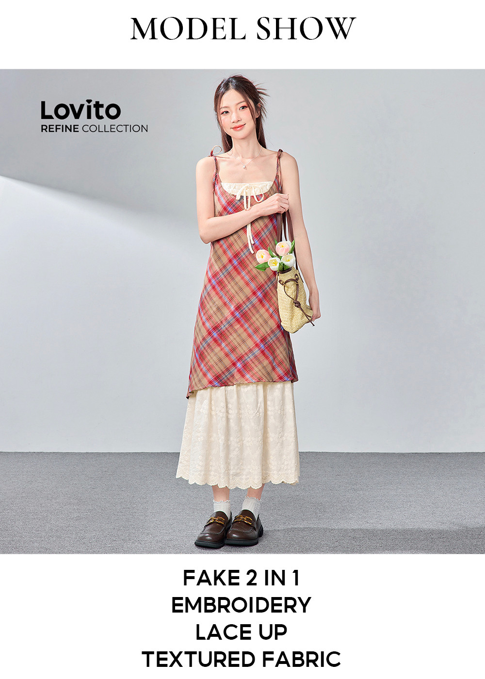 (Lovito Refine) Women Casual Dress Cotton Gingham Fake 2 In 1 ...