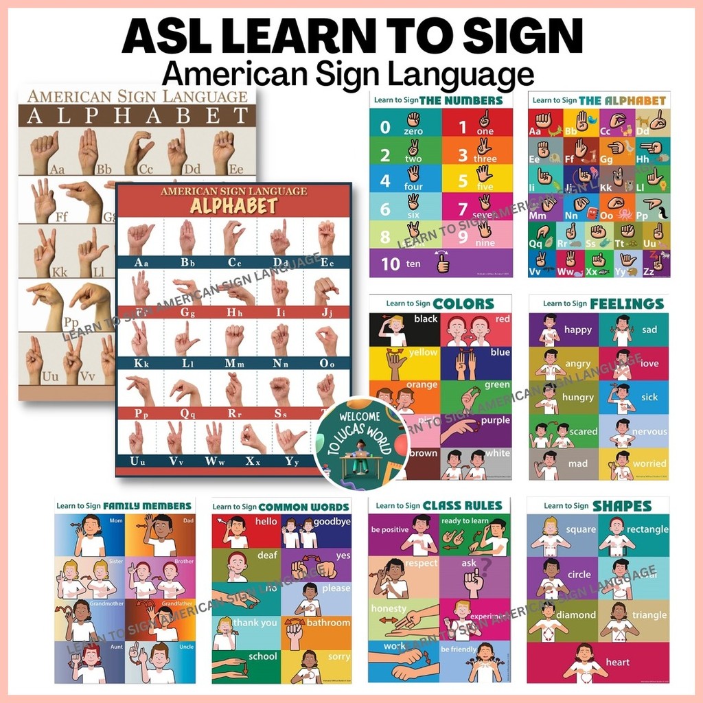 ⊏ ASL AMERICAN SIGN LANGUAGE CHARTS POSTERS ALPHABET NUMBERS FEELINGS ...