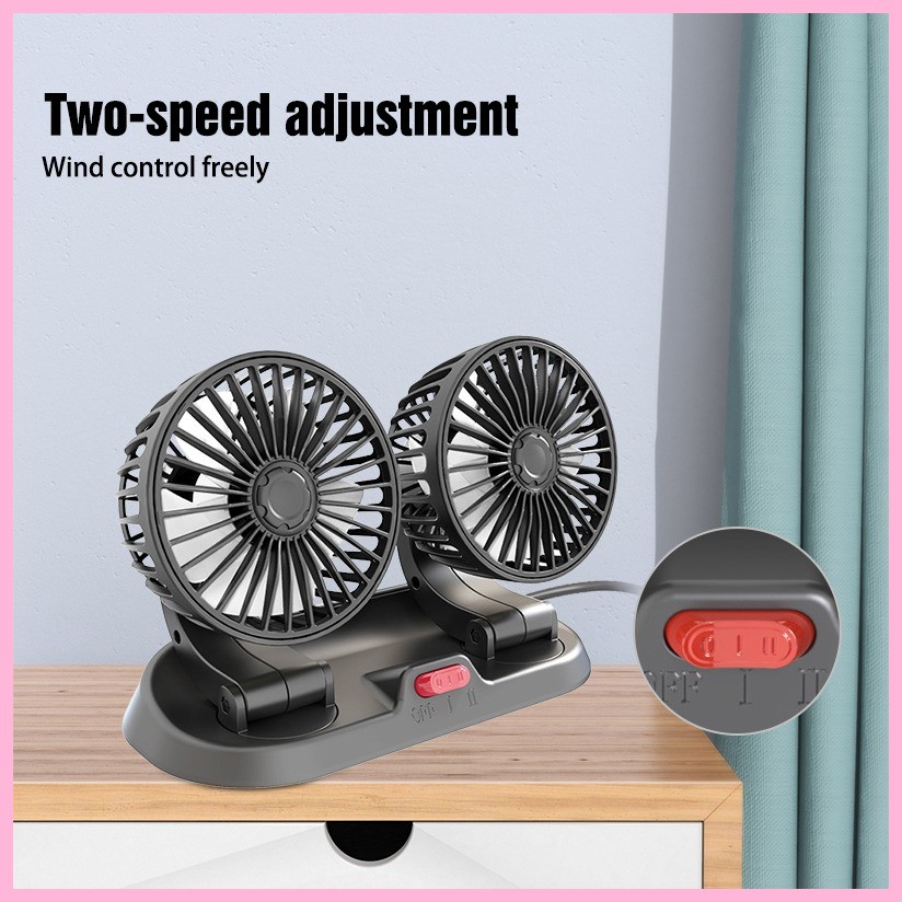 ⊛ ♞5V/12V/24V USB Car Elecyric Fan 360° Double Headed Adjustable Car ...