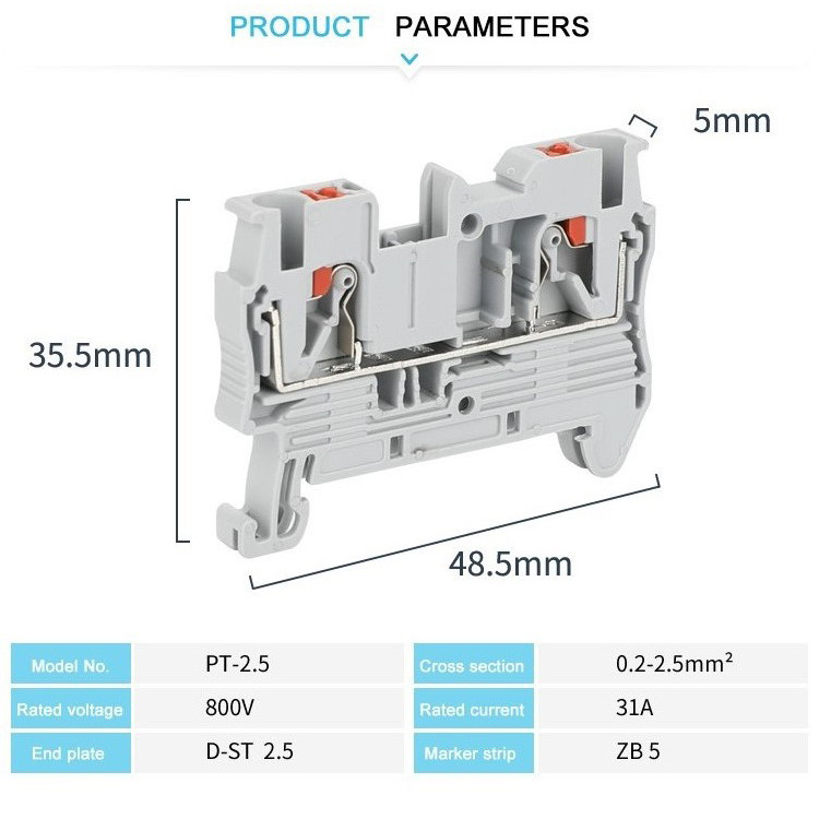 PT2.5 Push-In Type Din Rail Connector Terminal 2.5mm2 Cable Connector Electric Screwless Wire ...