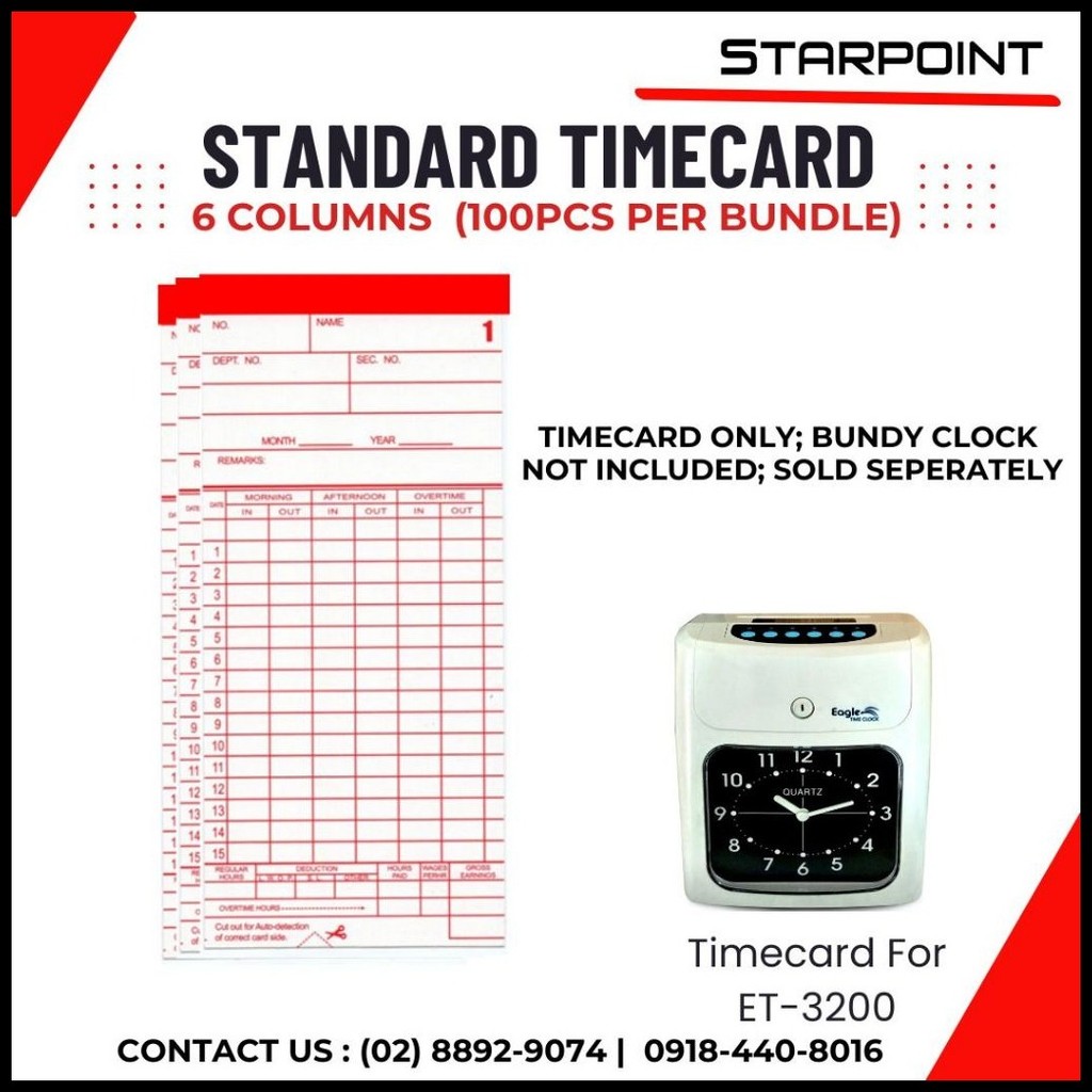 Timecard for Eagletime Bundy clock, C9000+ , 6columns Timecard ...