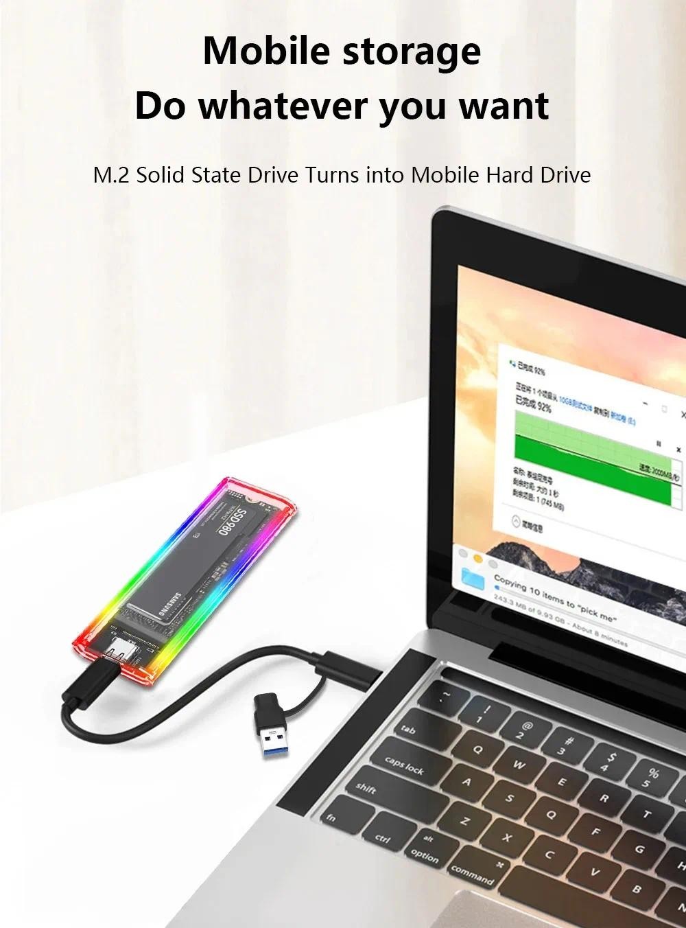 M.2 NVMe SSD Enclosure Adapter Tool with RGB LED Free Aluminum Case USB ...
