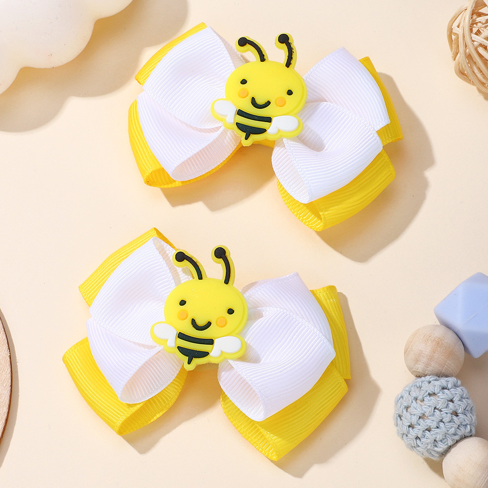 2Pcs/set Bee Hair Bow Clips Double Layer Solid Ribbon Bows Hairpins for ...