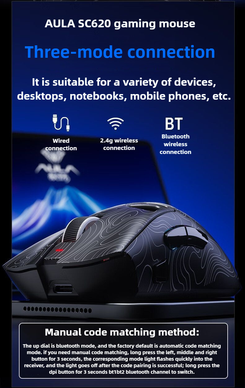 AULA SC620 Mini Mouse Three Mode Lightweight Wired Wireless Bluetooth ...