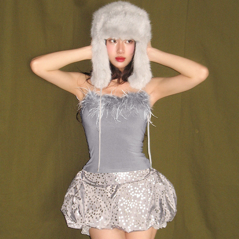 SweeticMe Women's 2025 New Fashion Solid Color Sexy Slim Fit Furry Tube ...