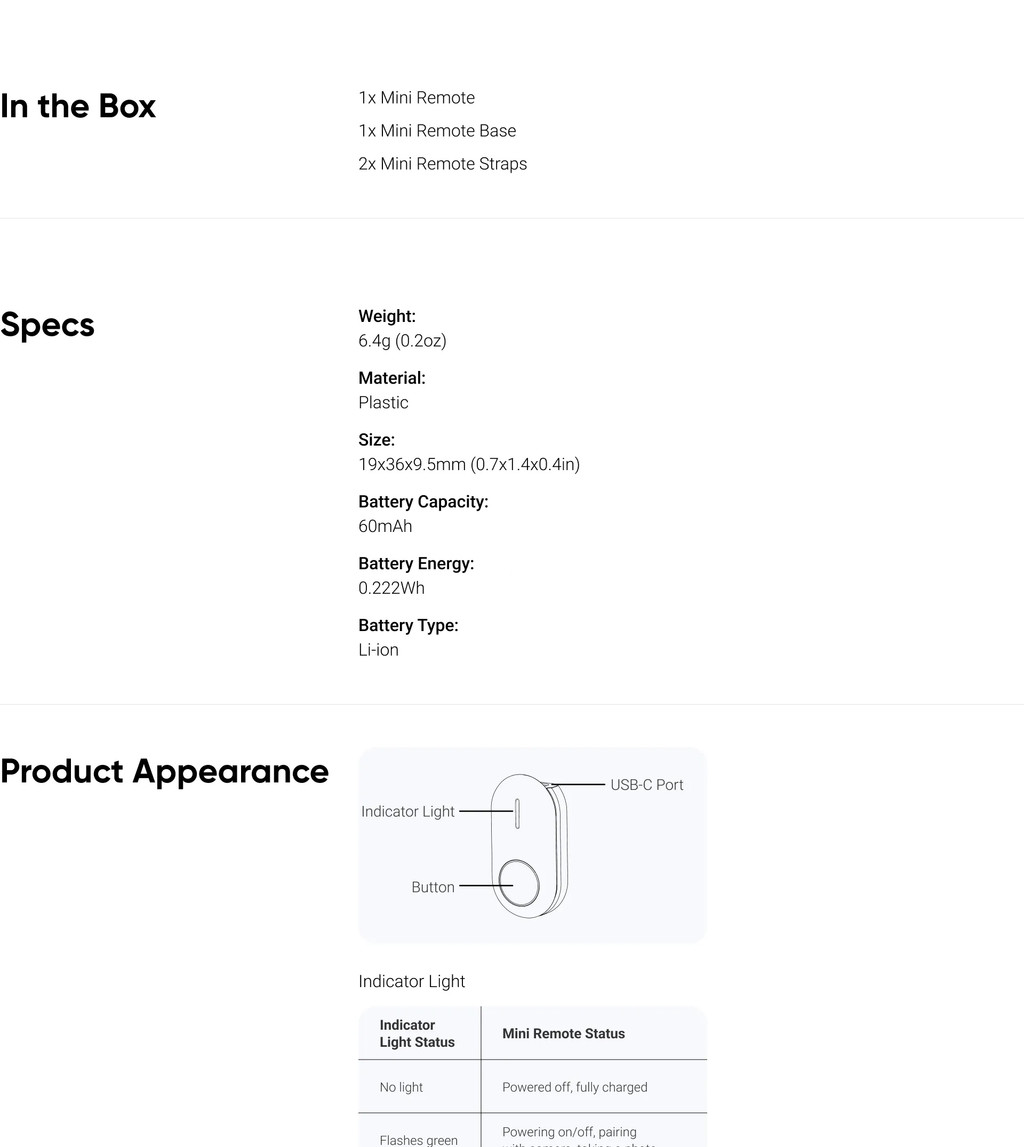Insta360 Mini Remote for insta360 X5、X4、Insta360 Ace Pro 2、GO 3S ...