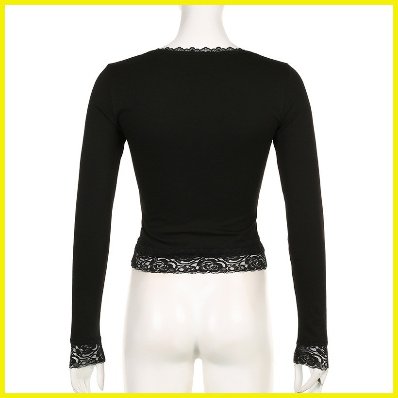 ∮ Black Vintage Trash Women's Lace Trim Long Sleeve Slim Fit Top Y2K ...